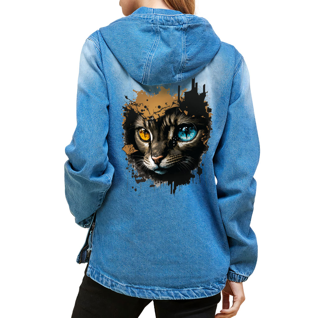 Cat Paint Women's Denim Jacket with Hoodie - Colorful Ladies Denim ...